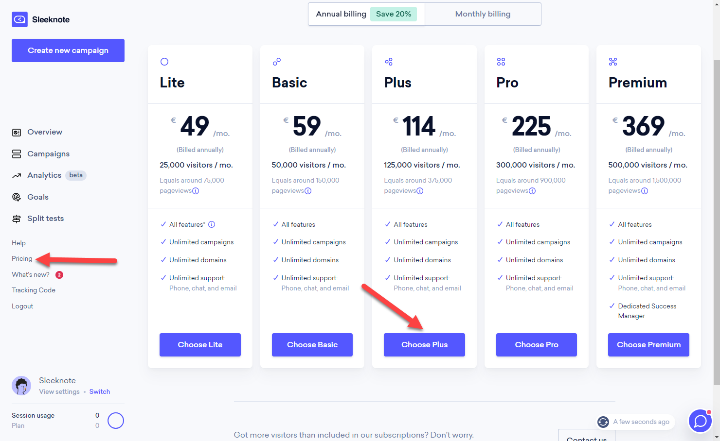 Can I change my pricing plan at any time? – Sleeknote